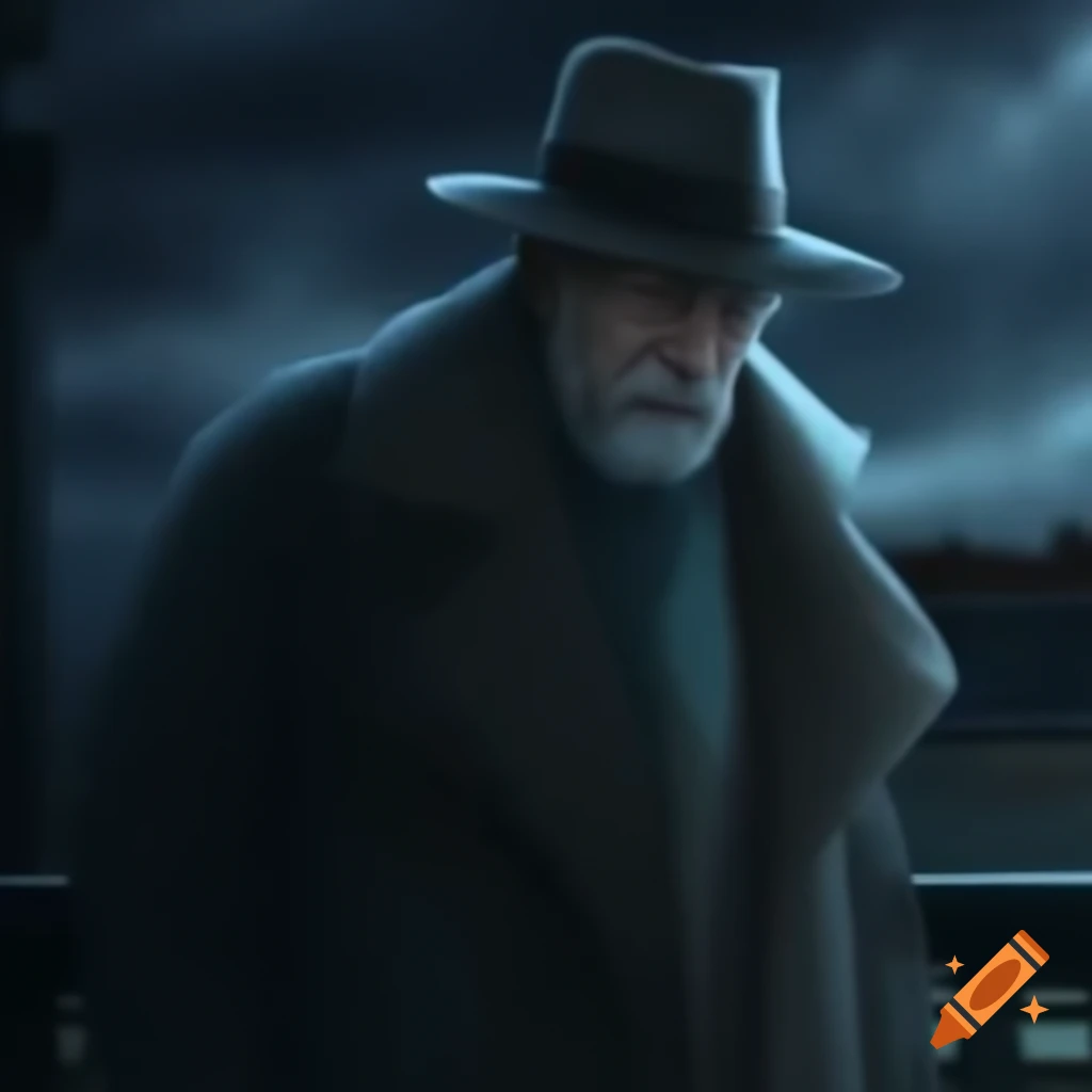 Mr. Behrman in thick coat and hat painting on wall during stormy night ...