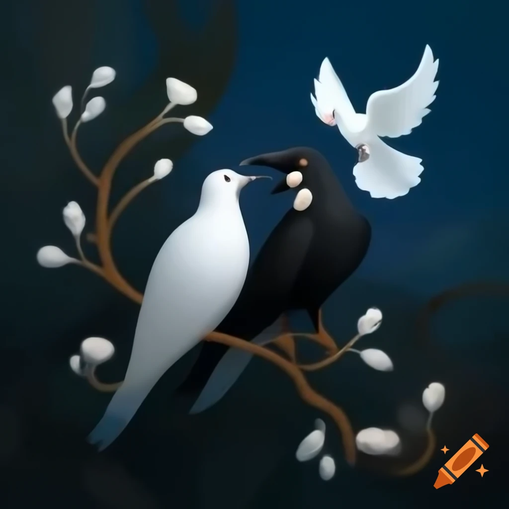 Raven and dove perched peacefully on tree branch on Craiyon