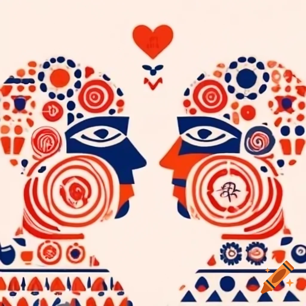 Illustration of two faces with different patterns and a heart ...