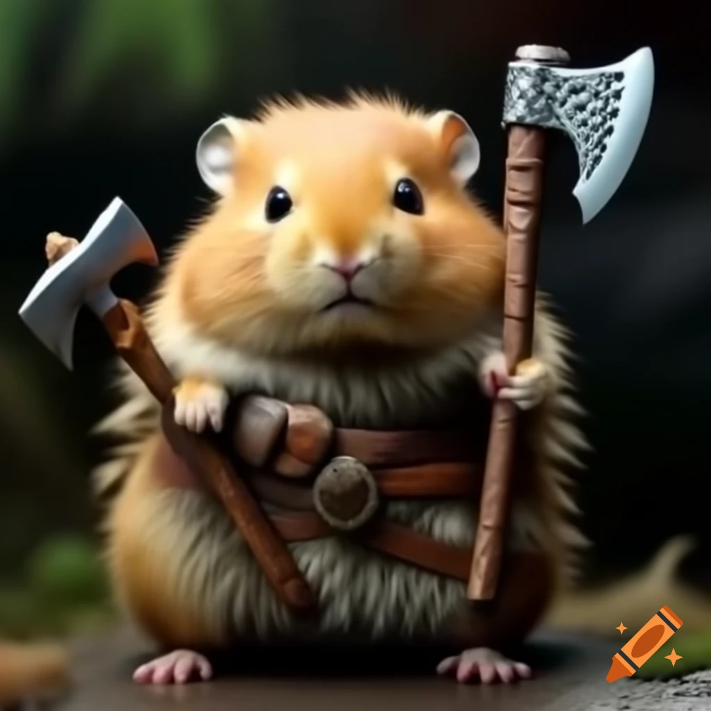 Hairy Viking hamster wielding two axes with red eyes on Craiyon