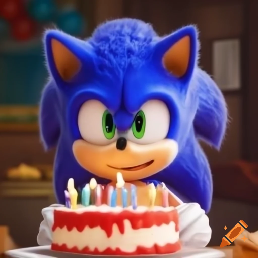 Sonic the hedgehog singing happy birthday in front of a cake on Craiyon