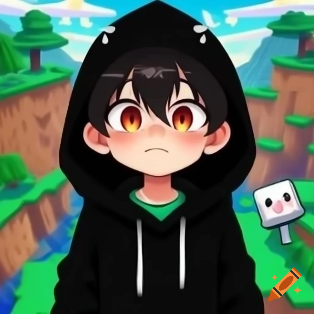 Cute anime boy character in black hoodie with animated Minecraft ...