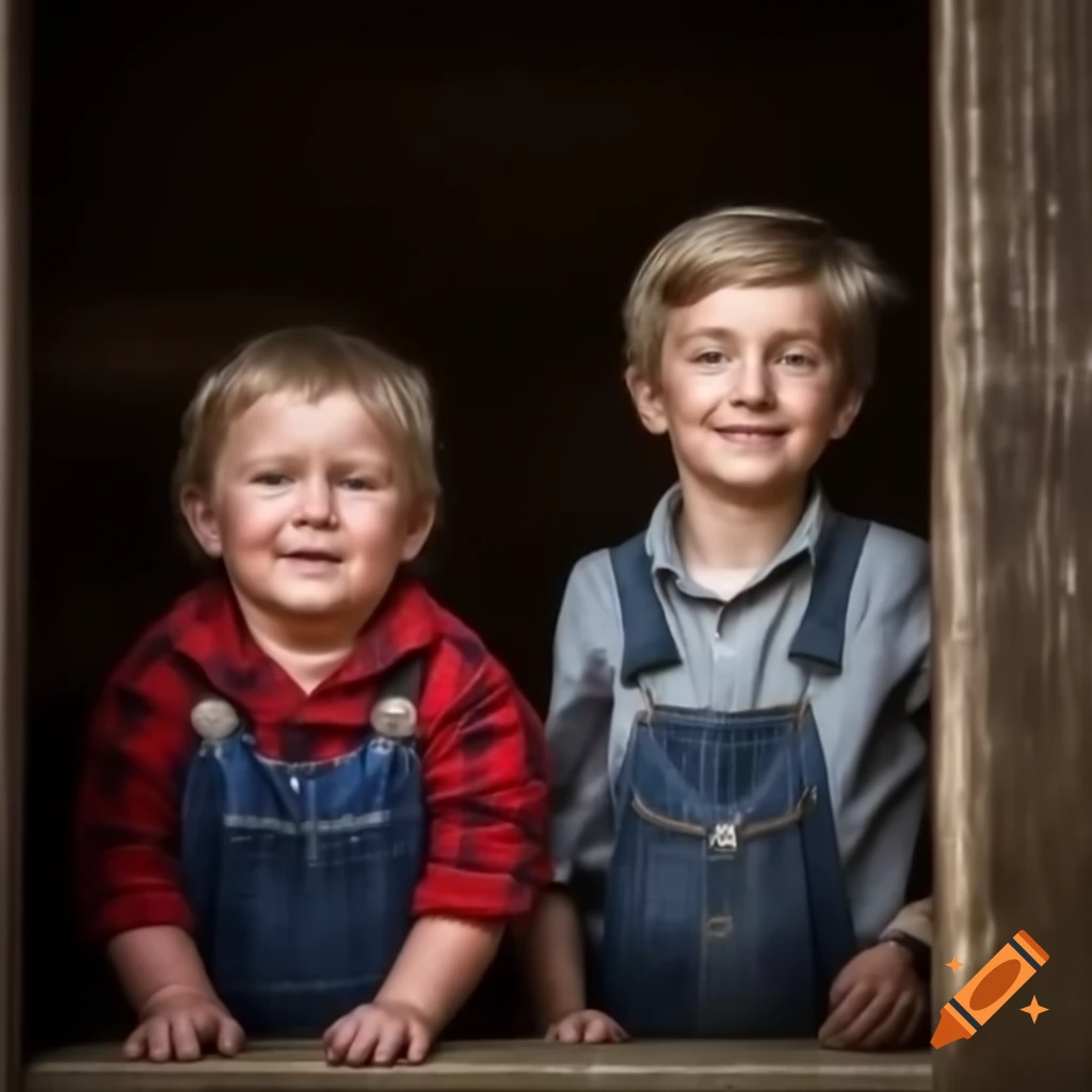Two brothers, ages 4 and 10, playing in a farm setting on Craiyon