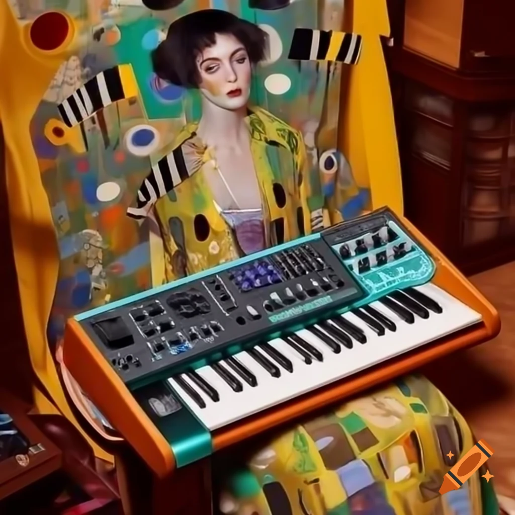 Abstract synth-themed artwork featuring planets and a keyboard on Craiyon