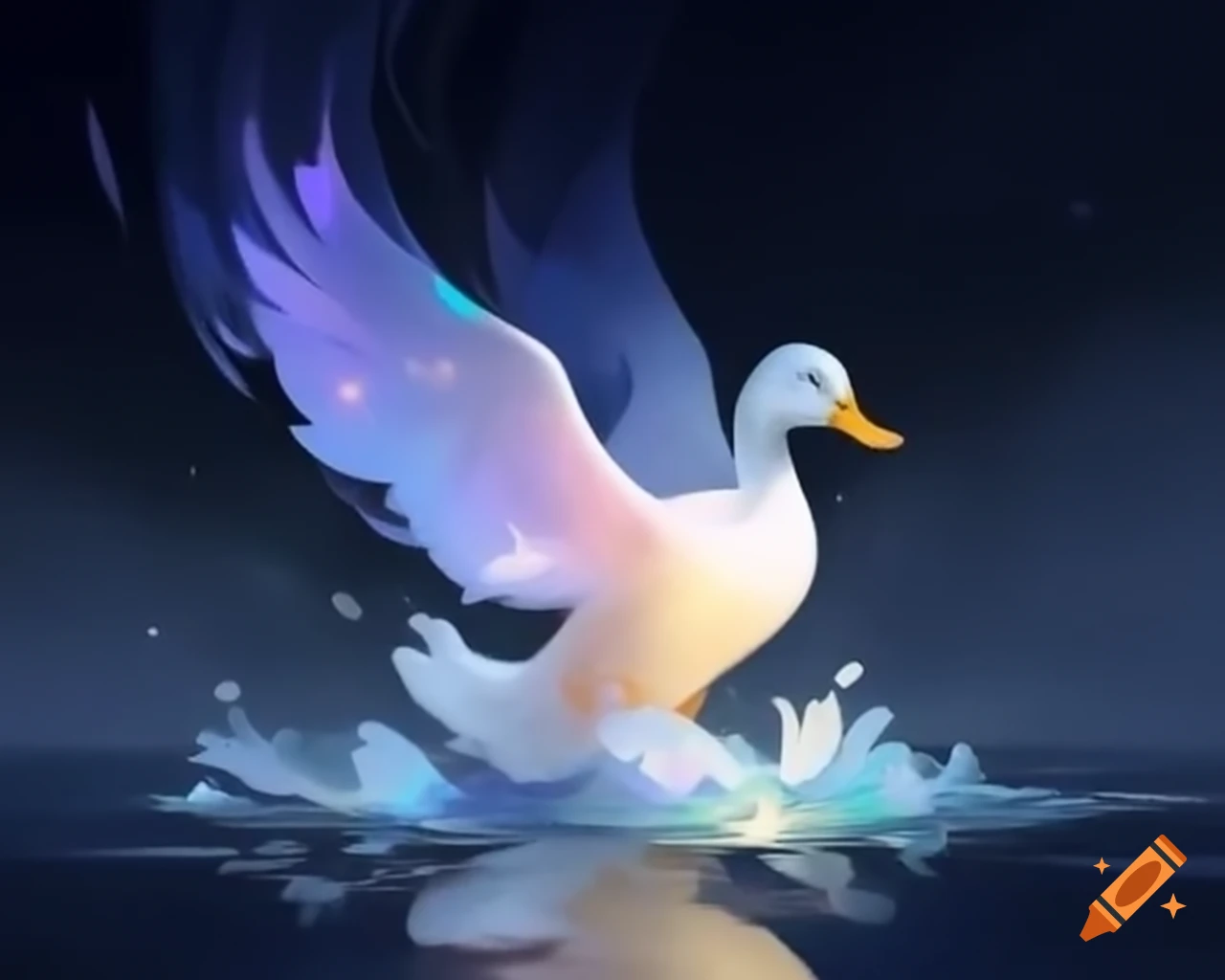 Crystal duck flying in moonlight with iridescent plumage and blooms on ...