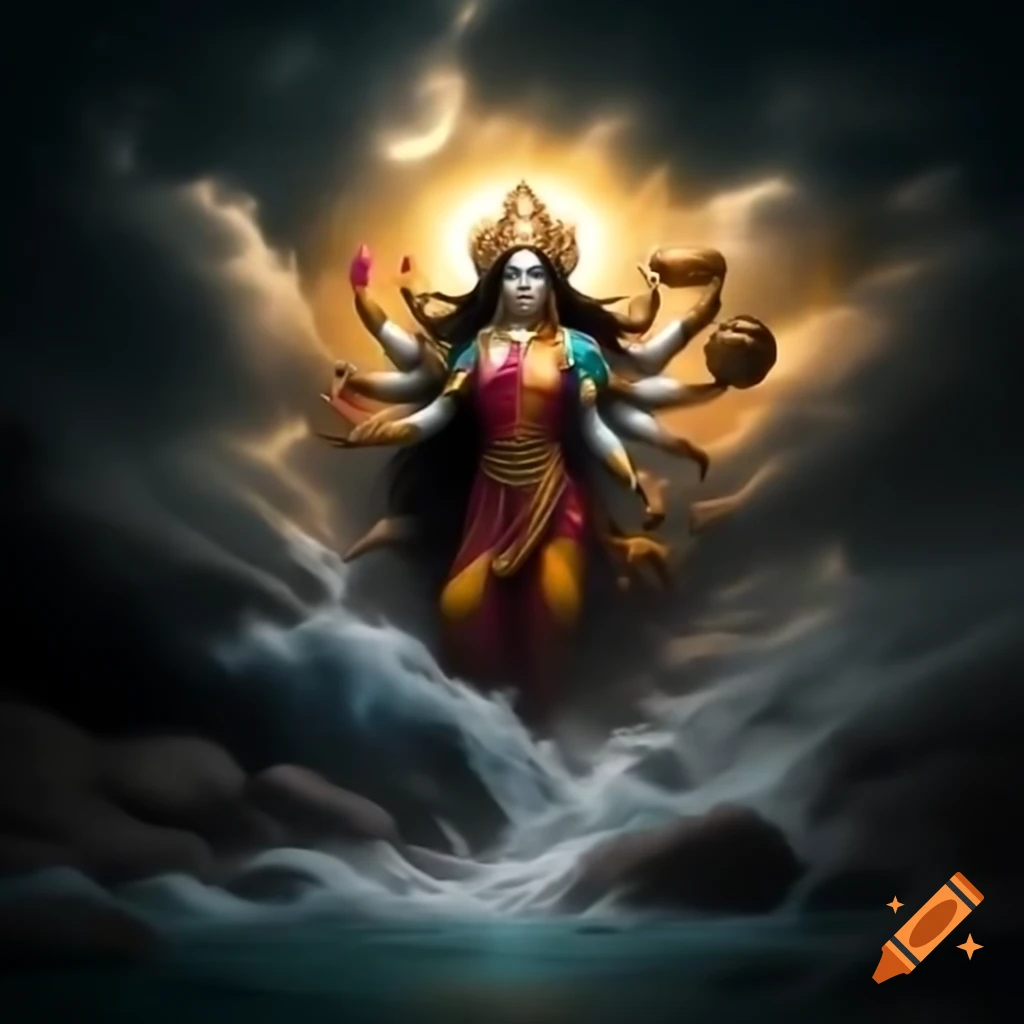 Maa durga at center of flowing river of time, light and shadow contrast ...