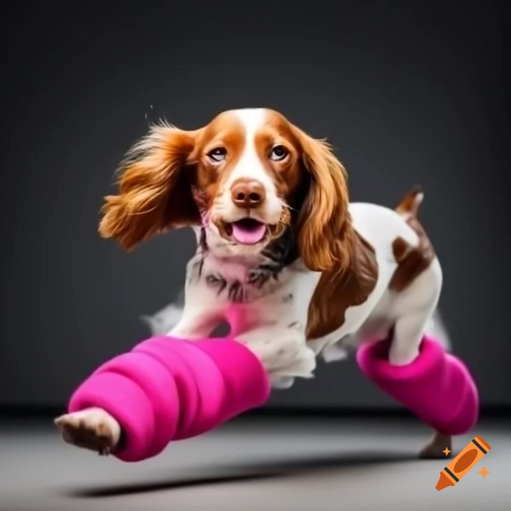 Playful Springer Spaniel in pink leg warmers preparing for a dance ...