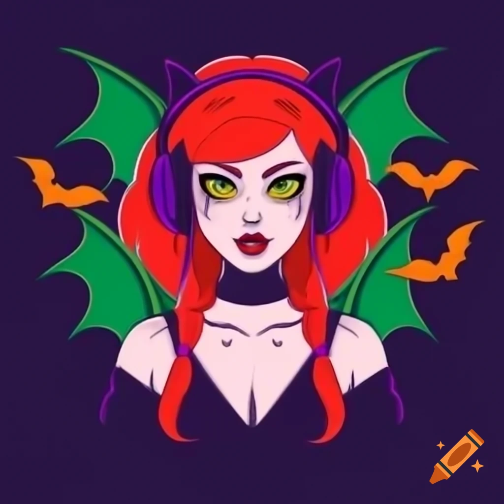 Alternative gamer woman with red hair featuring bats in purple and ...