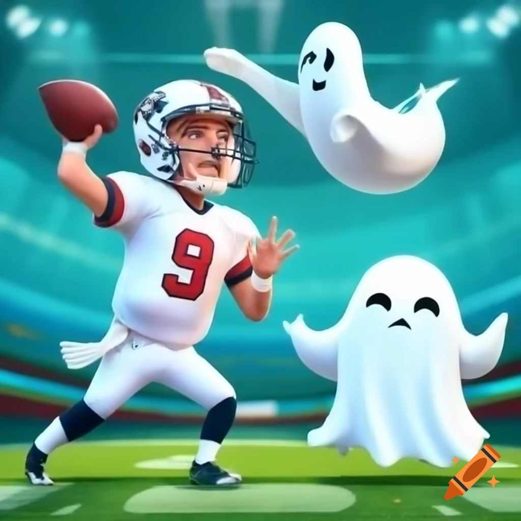 Sam darnold as quarterback battling cartoon ghost with footballs on Craiyon
