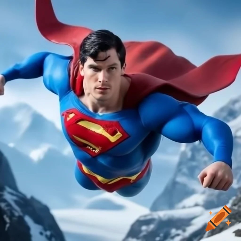 Cinematic realistic portrayal of Superman flying into snowy mountain on ...
