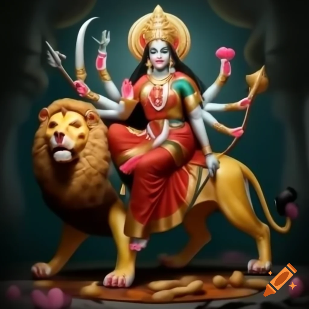 Goddess maa durga riding lion, symbolizing courage and strength with eight arms on Craiyon