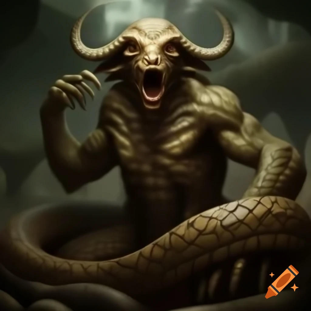 Hybrid creature resembling snake and buffalo commanding nature on Craiyon