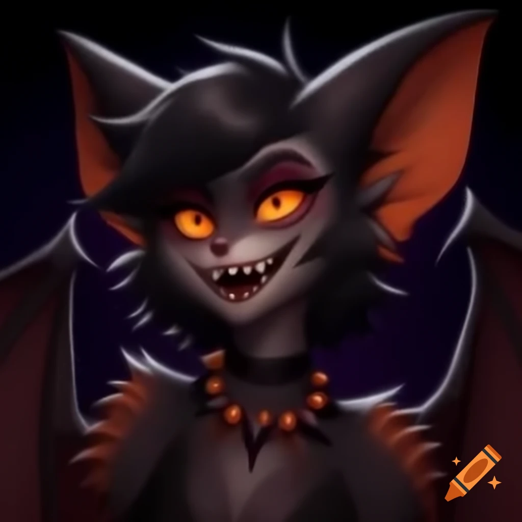 Cute bat vampire fursona with orange eyes and black collar on Craiyon