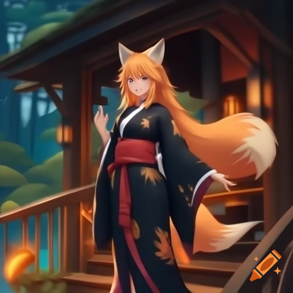 Anime illustration of a tall kitsune woman in black kimono with ...