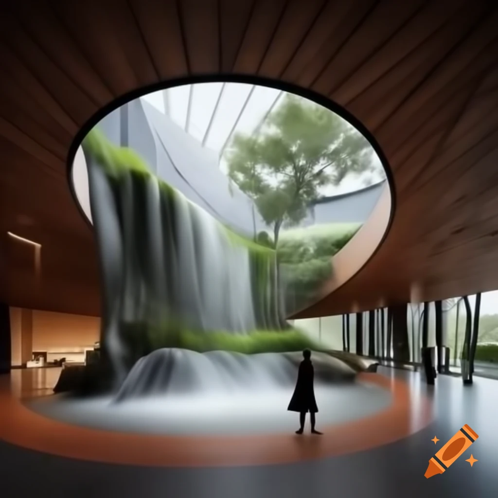 Modern building with flowing waterfall integrated into lobby and curved ...
