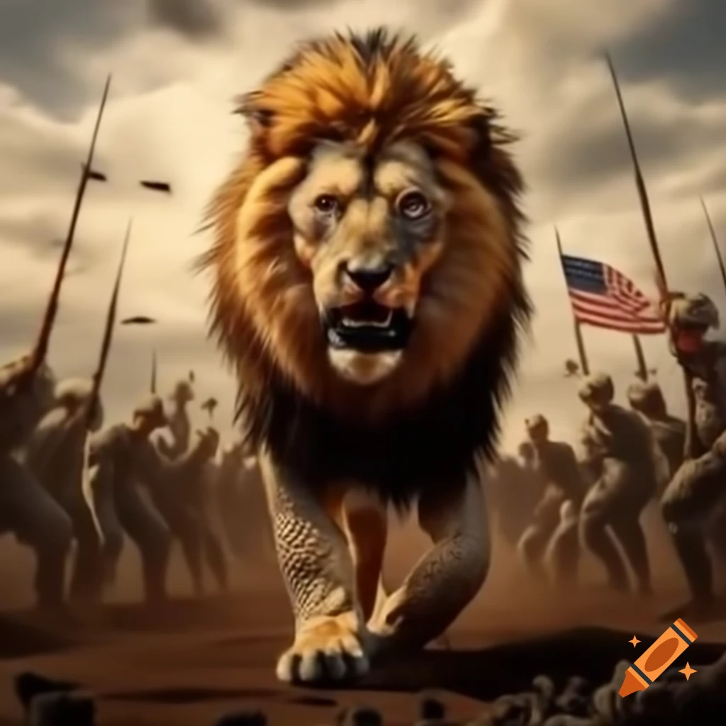 Fierce lion pouncing in front of american soldiers on Craiyon