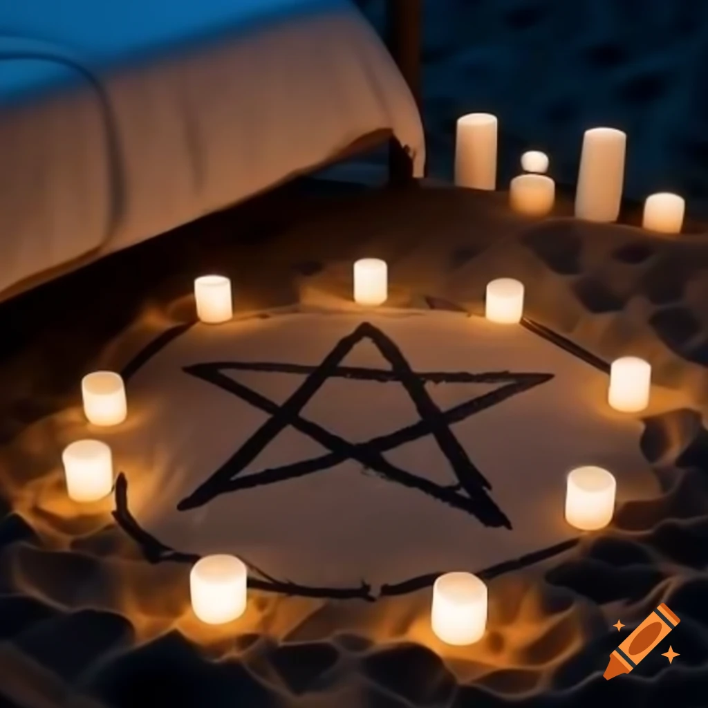 Occult-themed bedroom floor with pentagram, candles, and sand on Craiyon