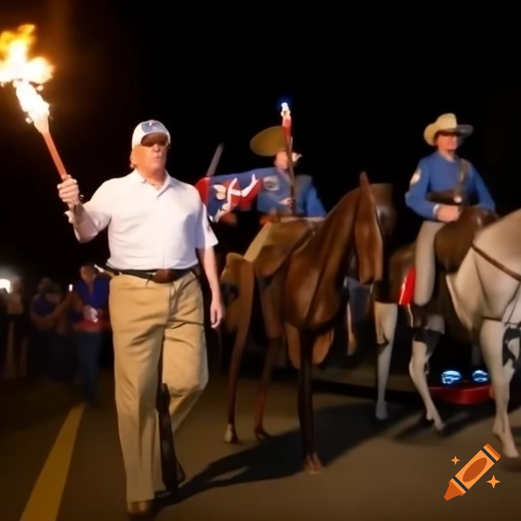 Protest scene at night with individuals holding tiki torches ...