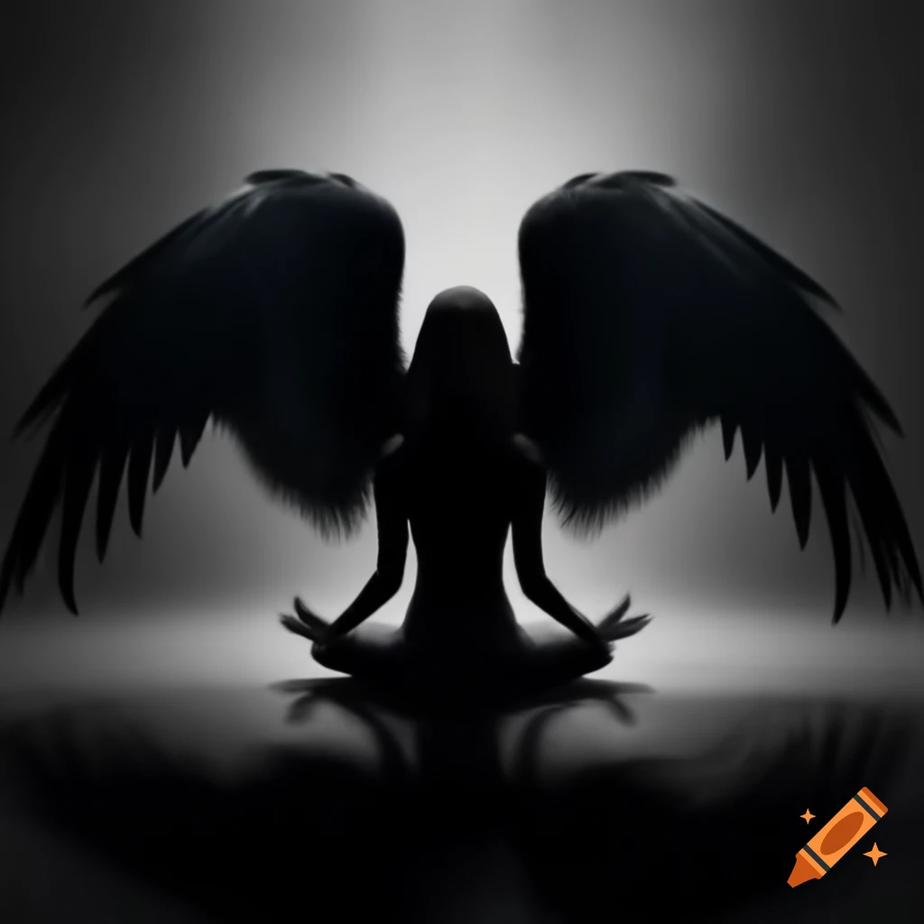 Silhouette of woman in meditative pose with raven wings on Craiyon