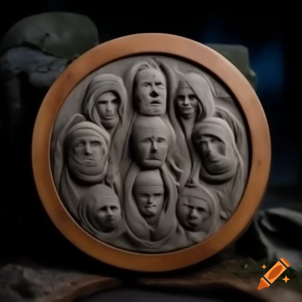 Bas relief of Viking woman on wooden support near fjord on Craiyon