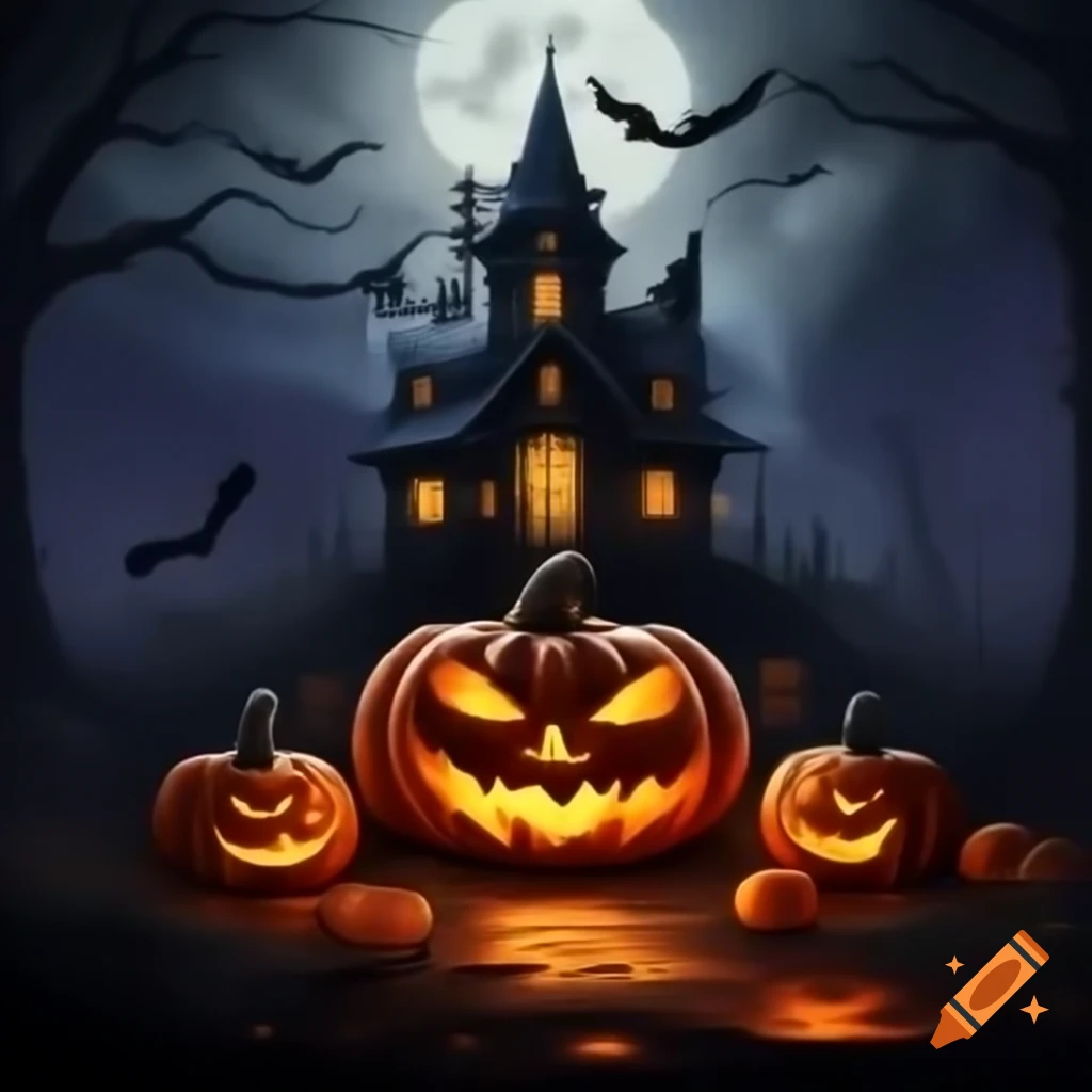 Haunted Halloween house with flaming pumpkins, bats, and smoke on Craiyon