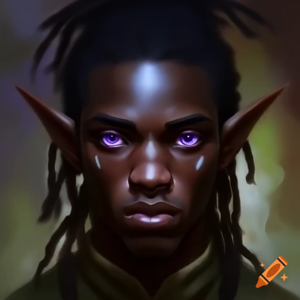 Portrait of a male dark elf with black dreadlocks and violet eyes on ...