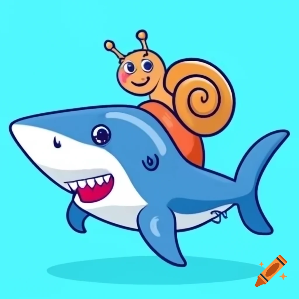 Cheerful snail riding friendly shark in flat cartoon style on Craiyon
