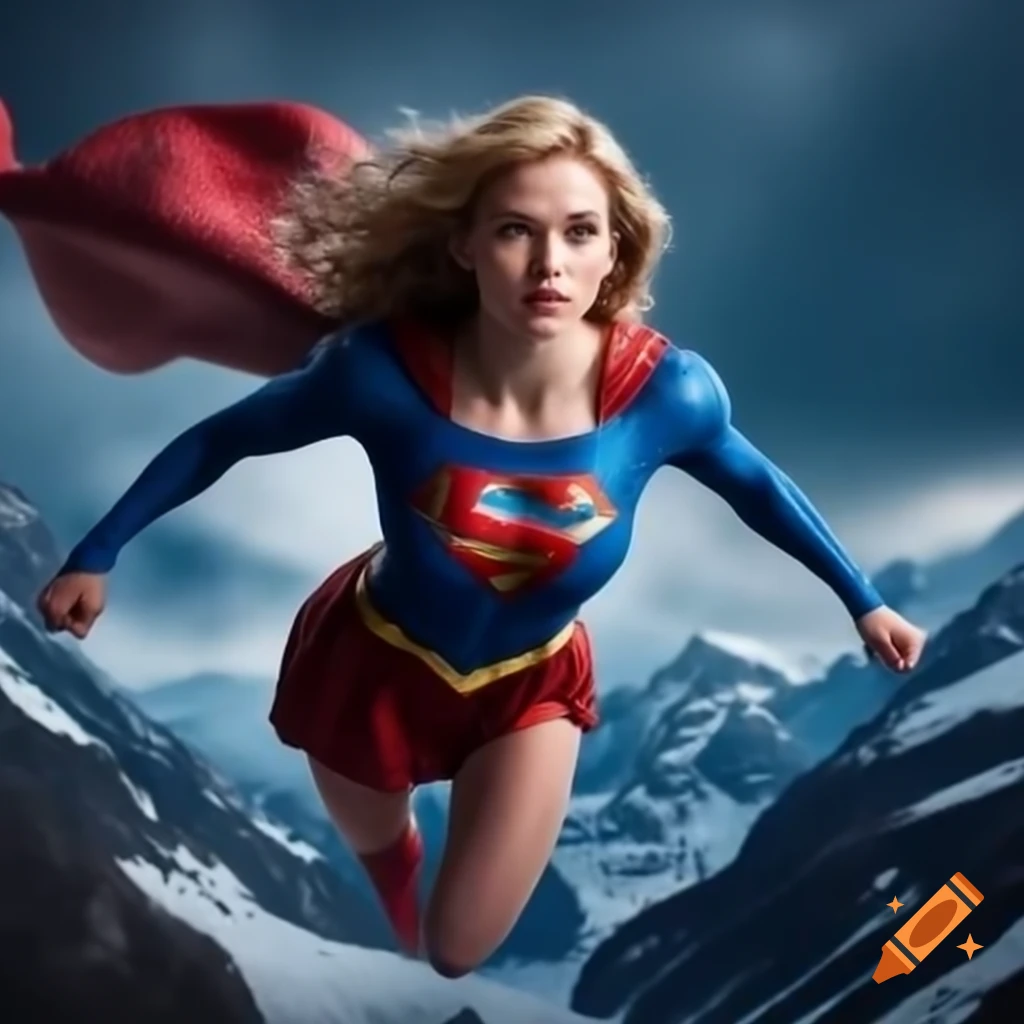 Cinematic depiction of supergirl flying into snowy mountain landscape on Craiyon