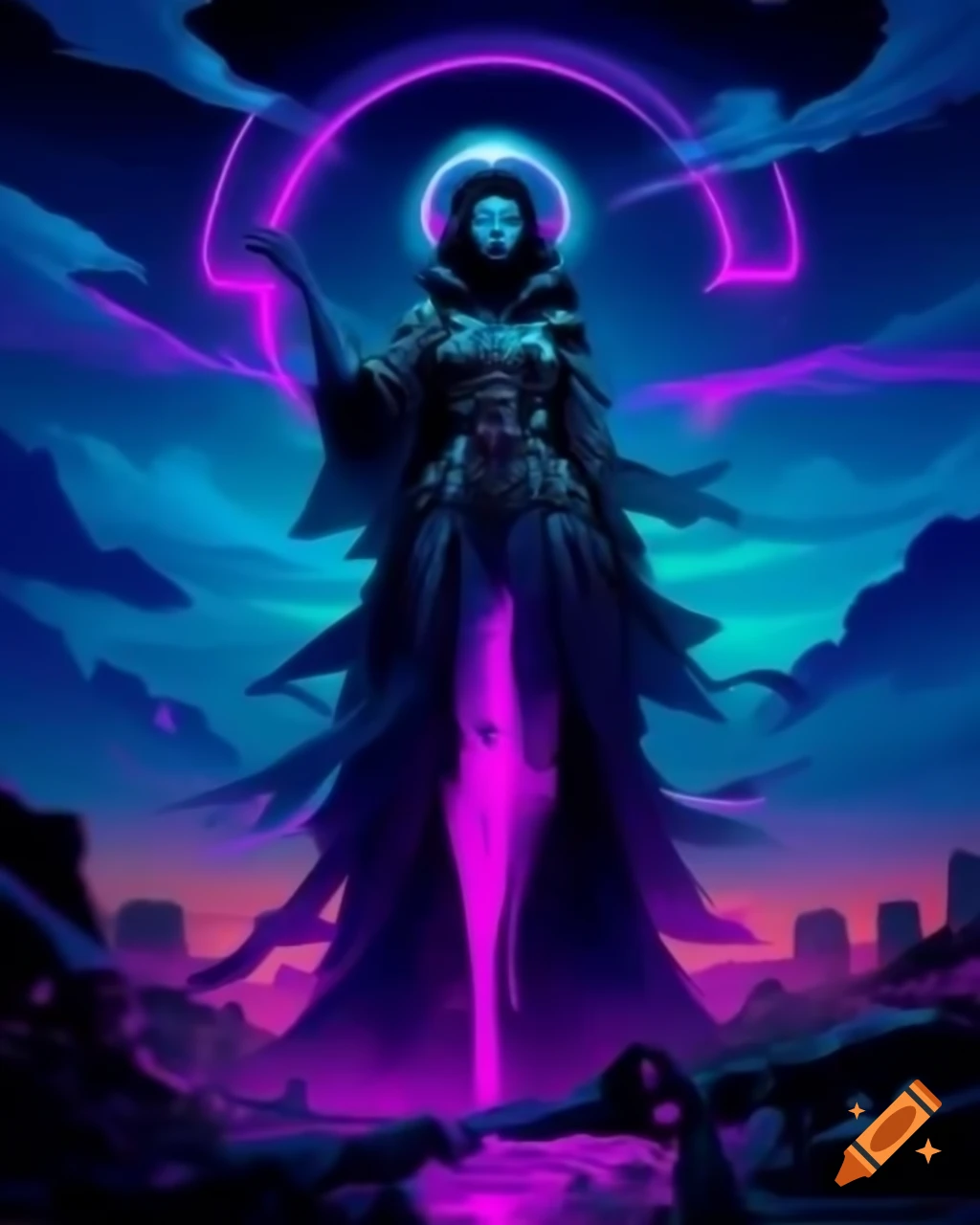 Cyberpunk queen in neon hues spinning against cityscape on Craiyon