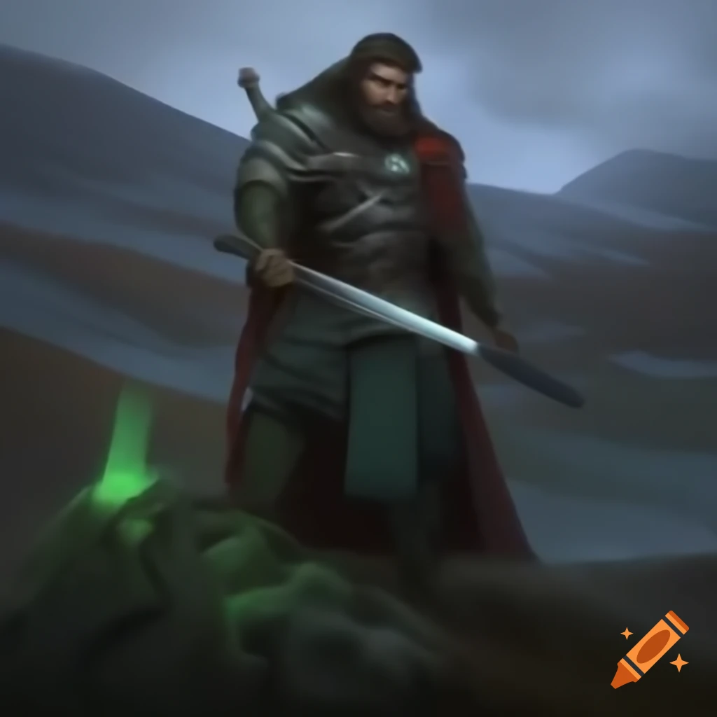 Highlander warrior with claymore sword in scottish highlands ...