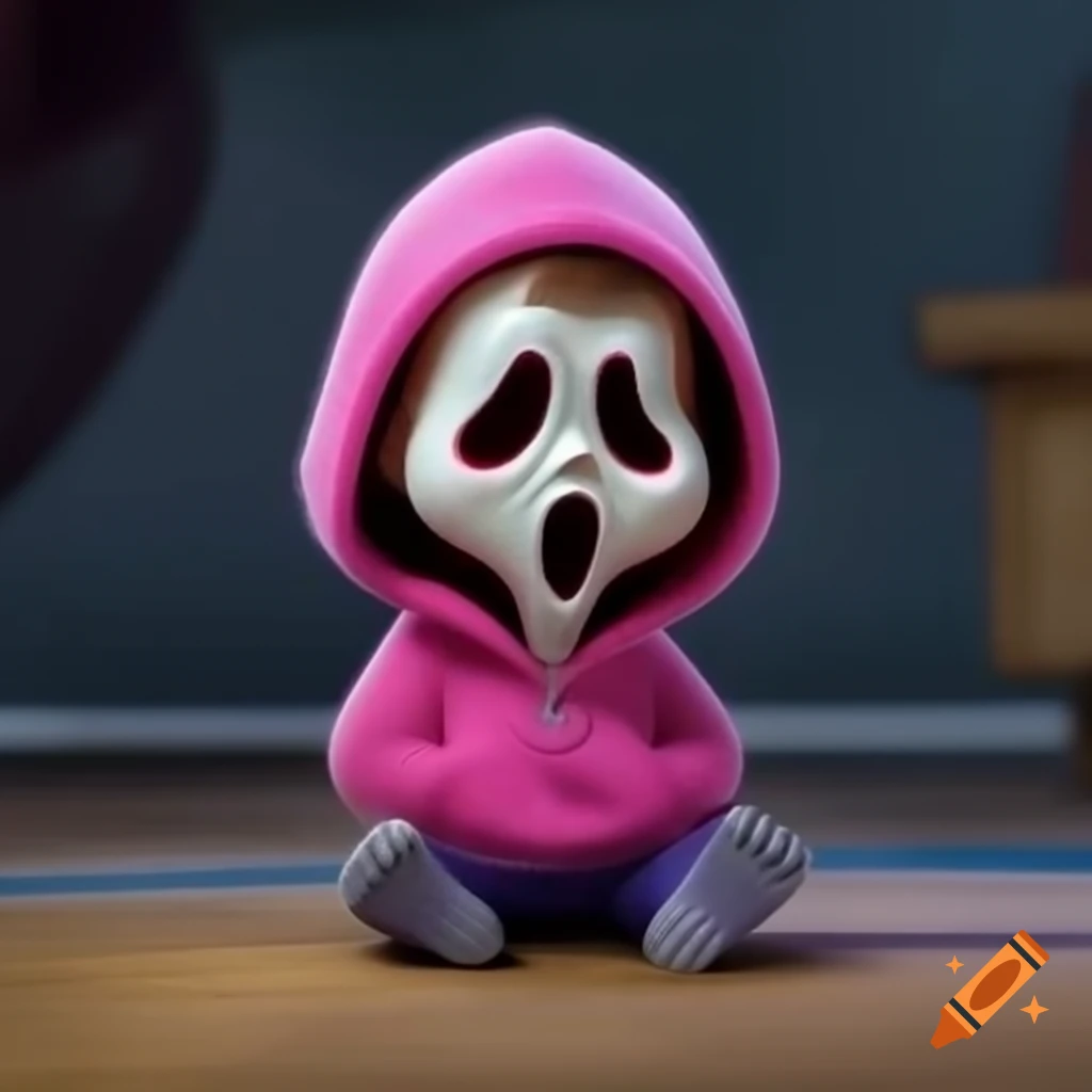 Animated baby girl in scream mask with pink hoodie and track pants on ...