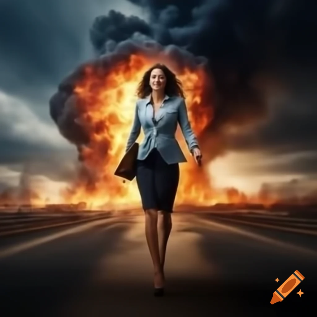Businesswoman walking away from explosion with flames in the distance ...