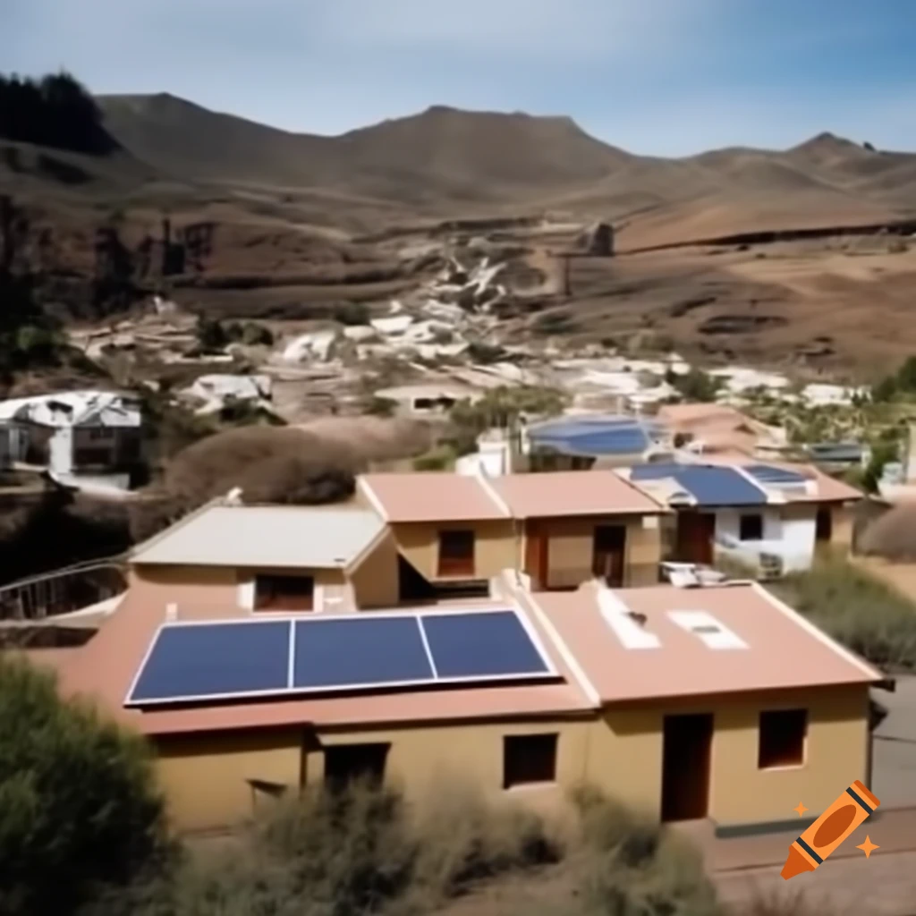 One-story houses in Gran Canaria with solar panels in natural landscape ...