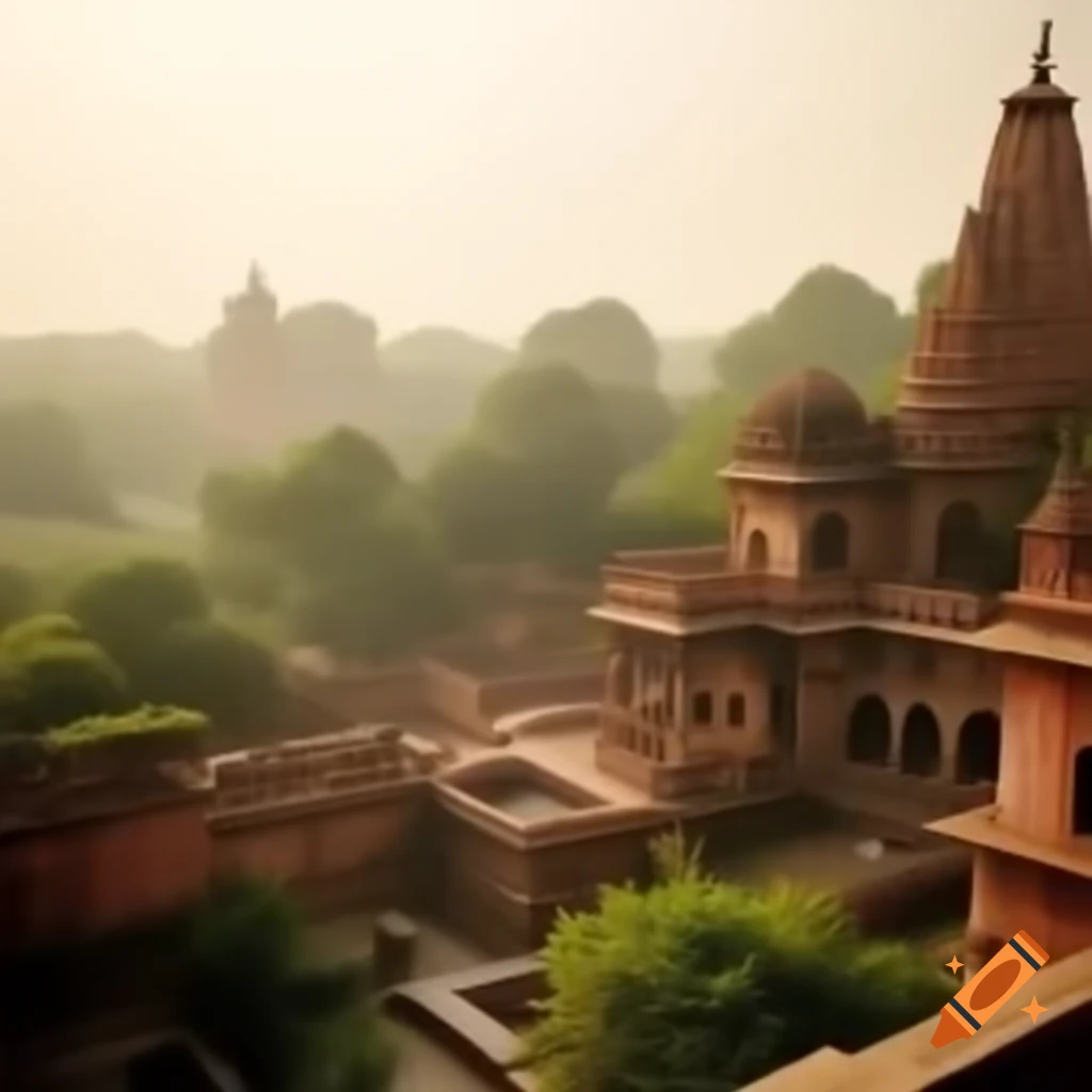 Serene landscape of ancient ayodhya with lush greenery and temples in ...