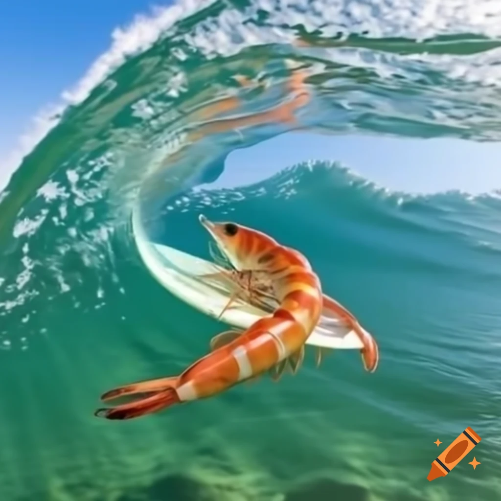 Shrimp surfing on a wave on Craiyon