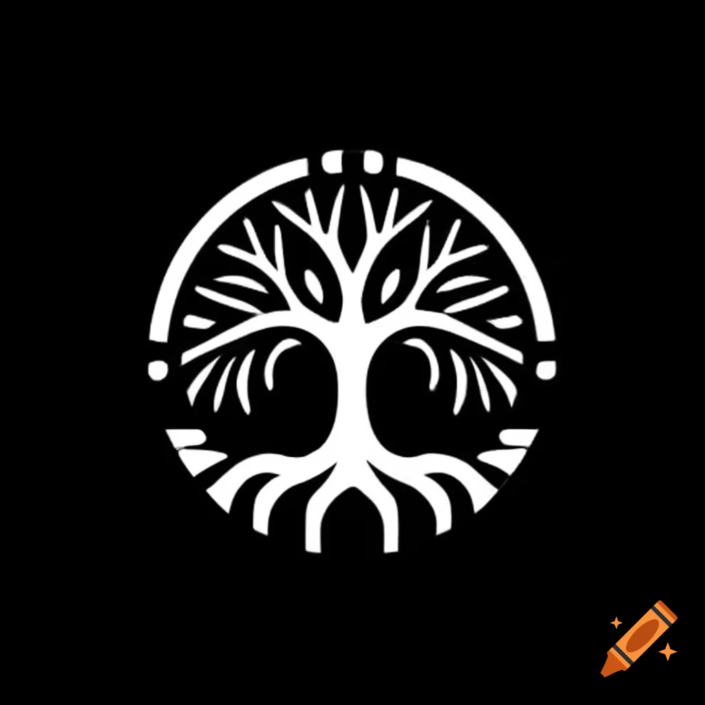Sleek black and white Yggdrasil tree logo with gold accents and barbell ...