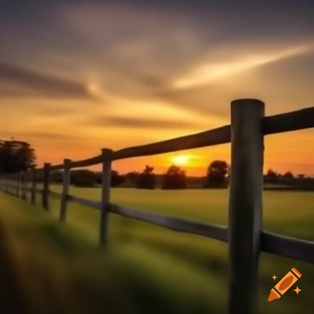 Sunset over southern countryside with rustic fence in warm colors on ...