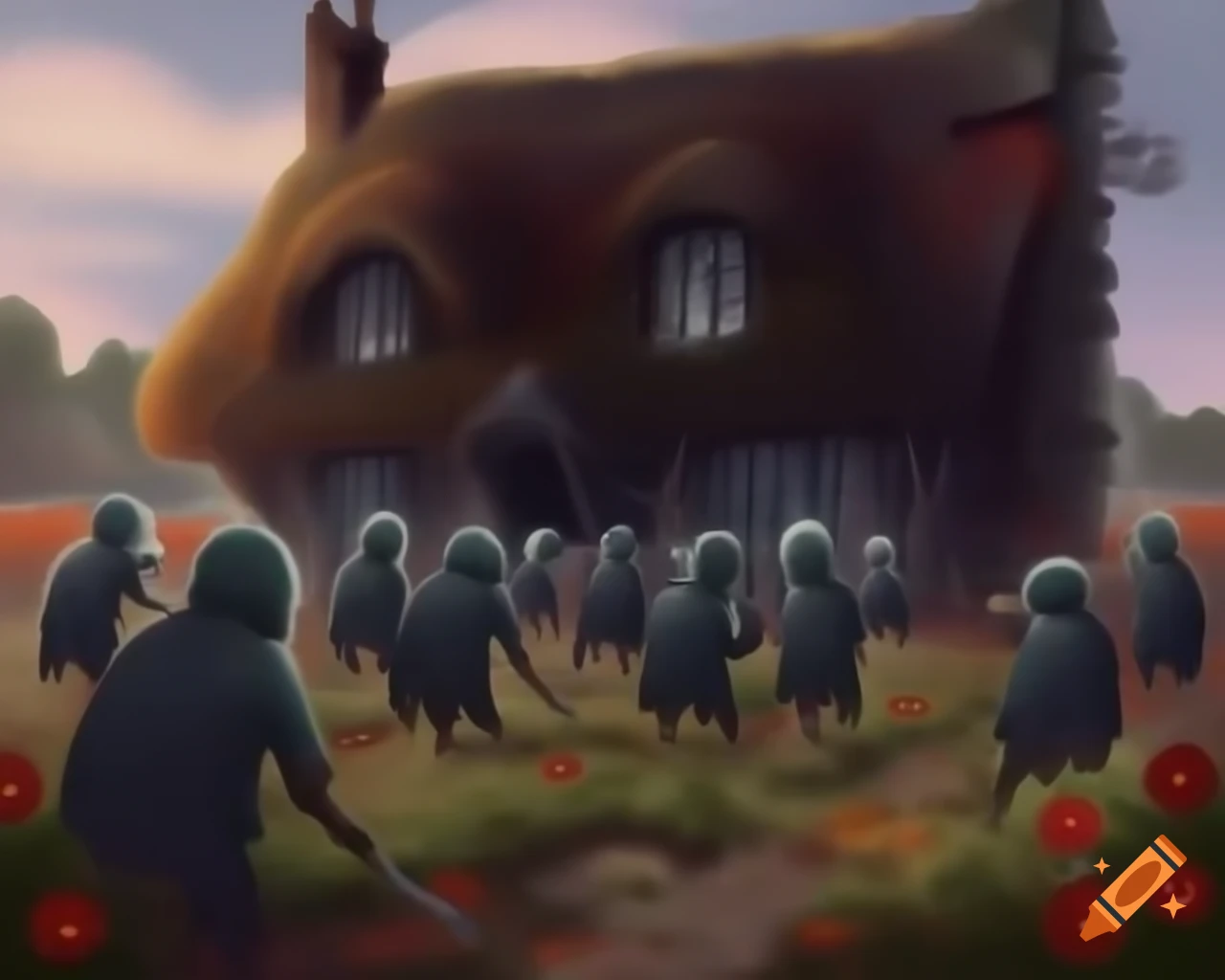 Zombies approaching cozy cottage surrounded by vibrant flowers on Craiyon