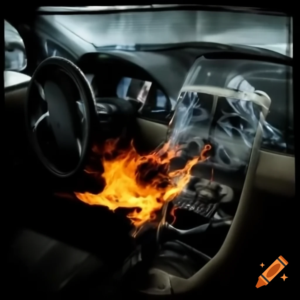 Car fire caused by damaged wiring and sparks near dashboard on Craiyon