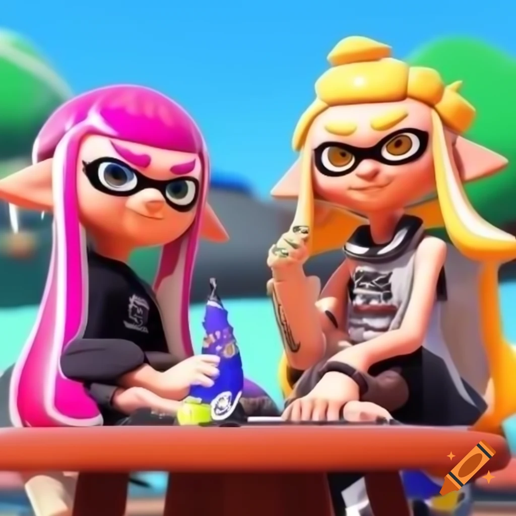 Two inklings from Splatoon at an outdoor picnic table on Craiyon