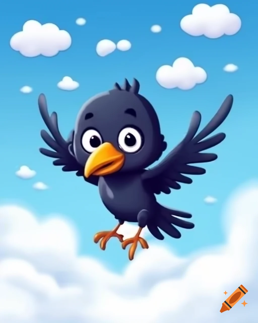Cartoon crow flying joyfully in a cloudy sky on Craiyon