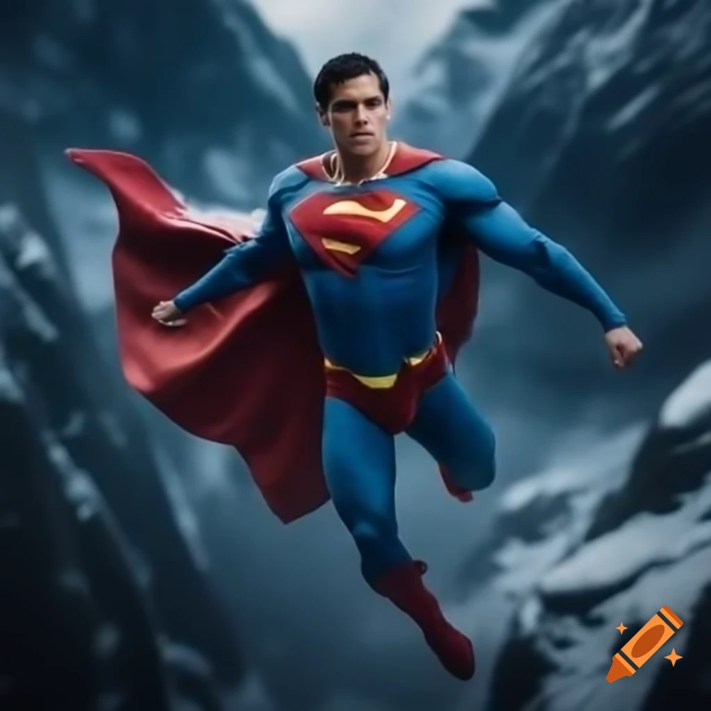Cinematic realistic depiction of Superman flying towards snowy ...