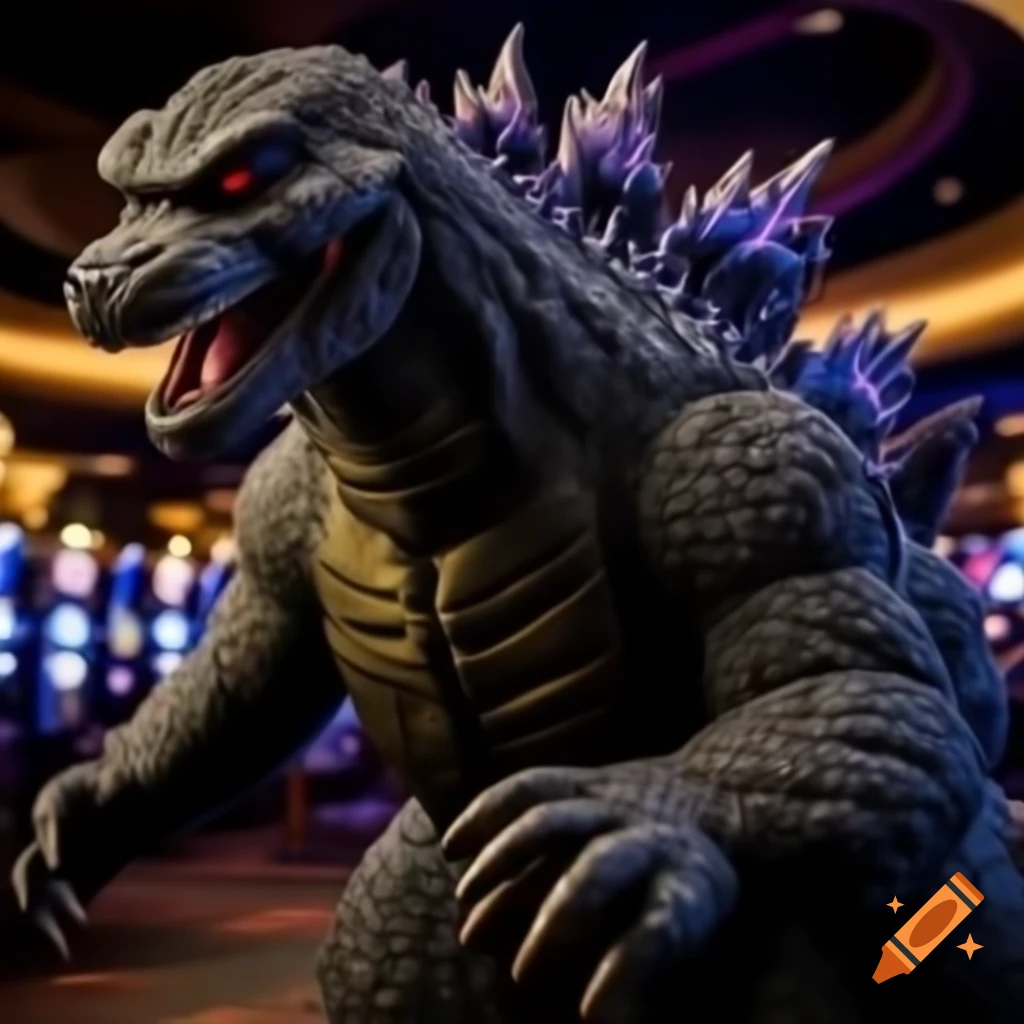 Godzilla relaxing in a Vegas casino with confident pose on Craiyon