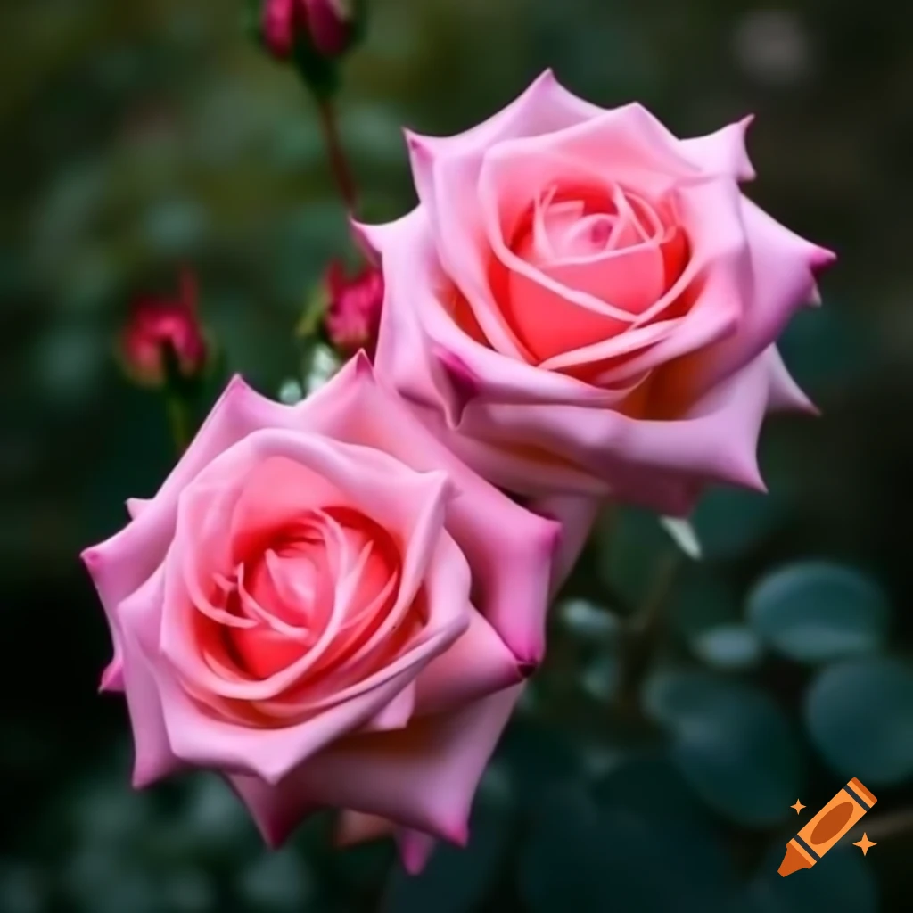 Two pink roses in focus surrounded by blurred green bushes on Craiyon