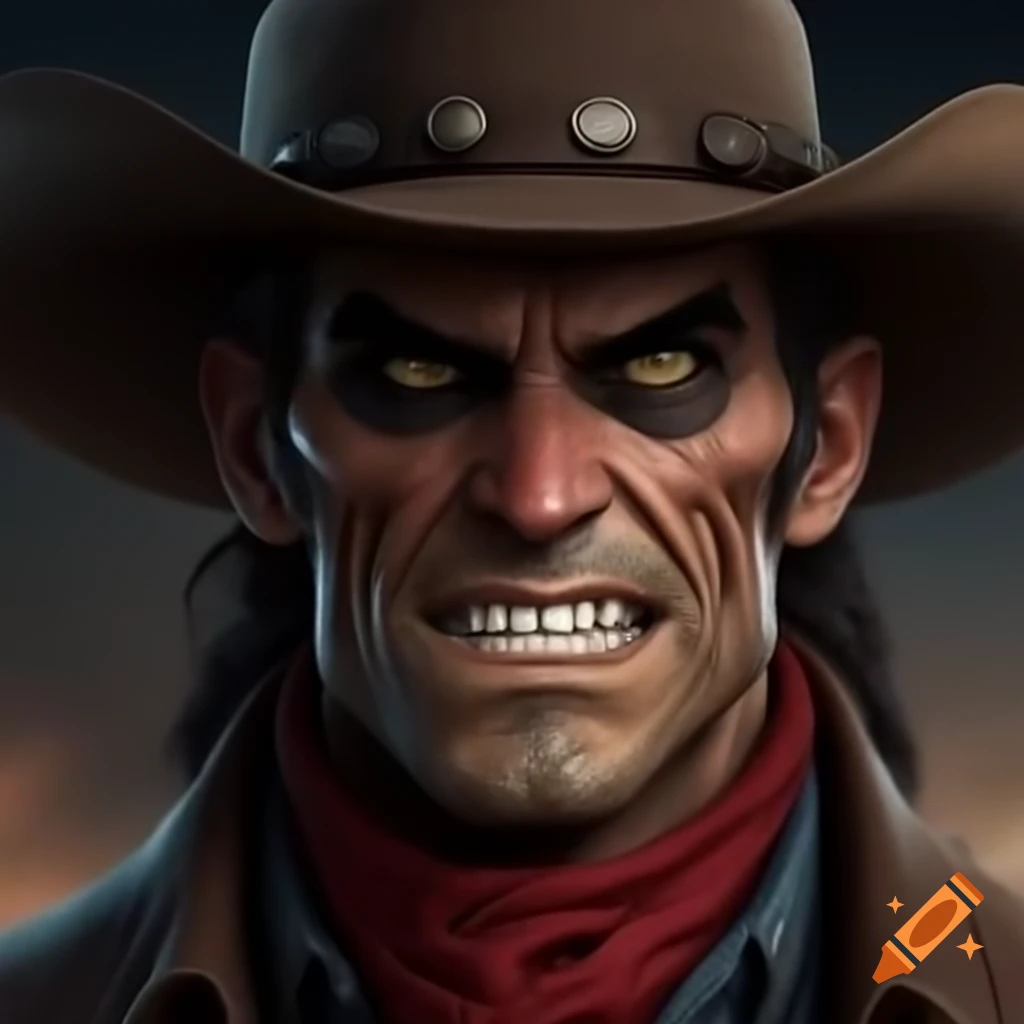 Feminine cowboy with intense stare and big grin on Craiyon