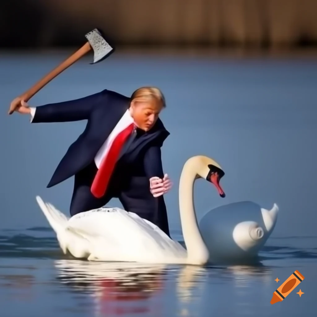 Donald trump humorously chasing a swan with an axe on Craiyon