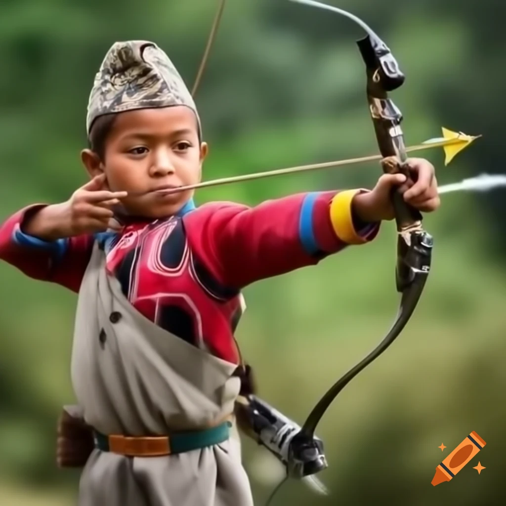 Nepali boy practicing archery with bow and arrow on Craiyon