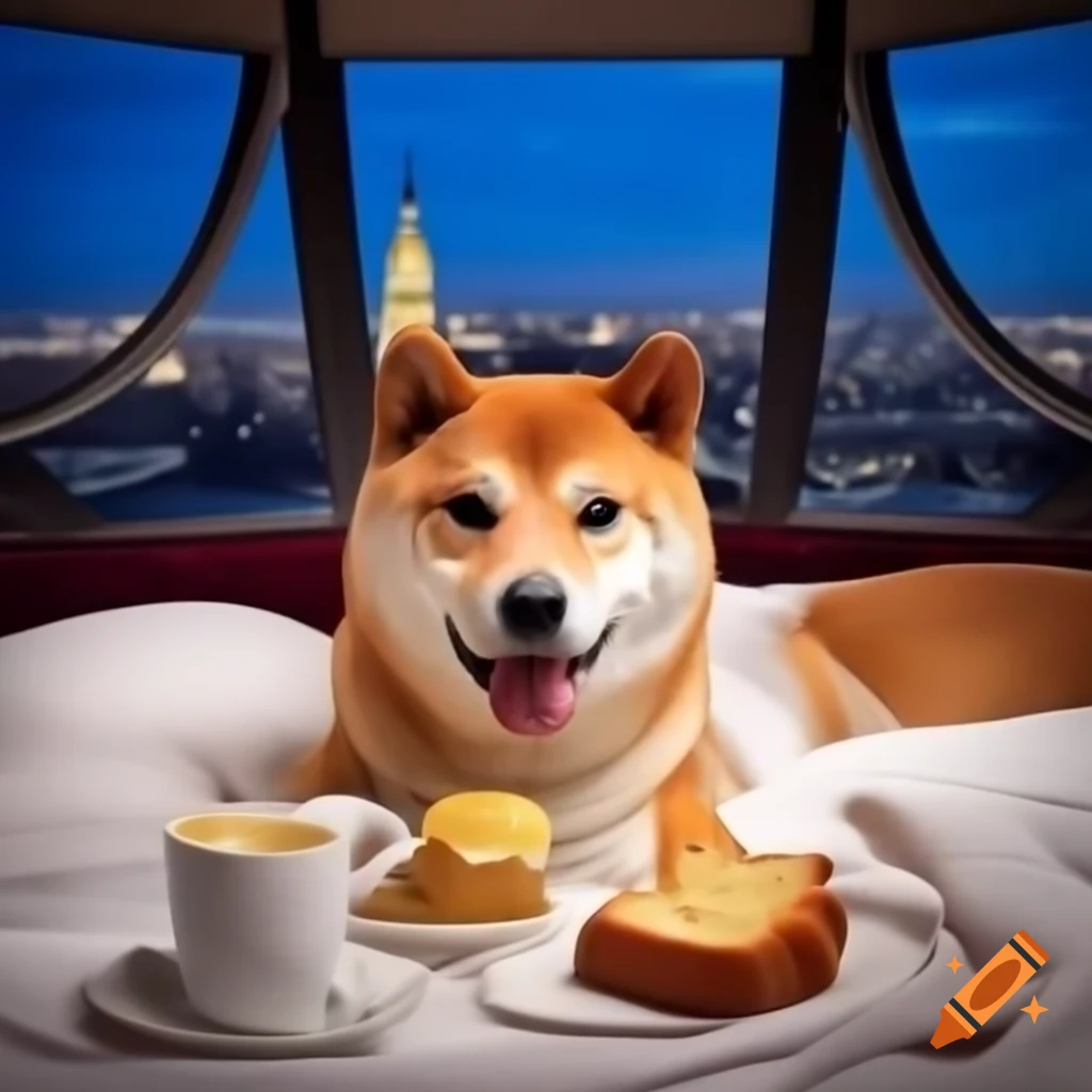 Shiba inu enjoying bread and butter in luxury hotel room with london ...
