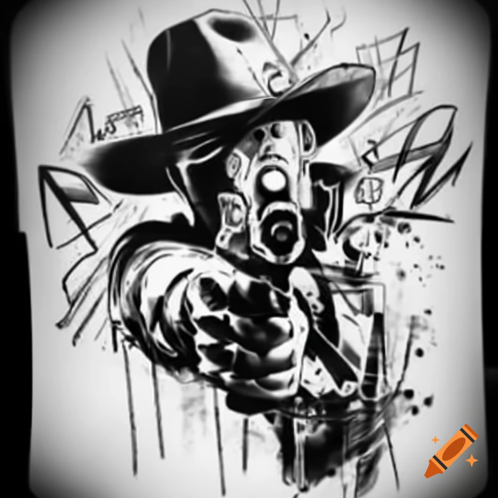 Abstract graffiti tattoo sketch of a gunfighter with drawn pistol and ...