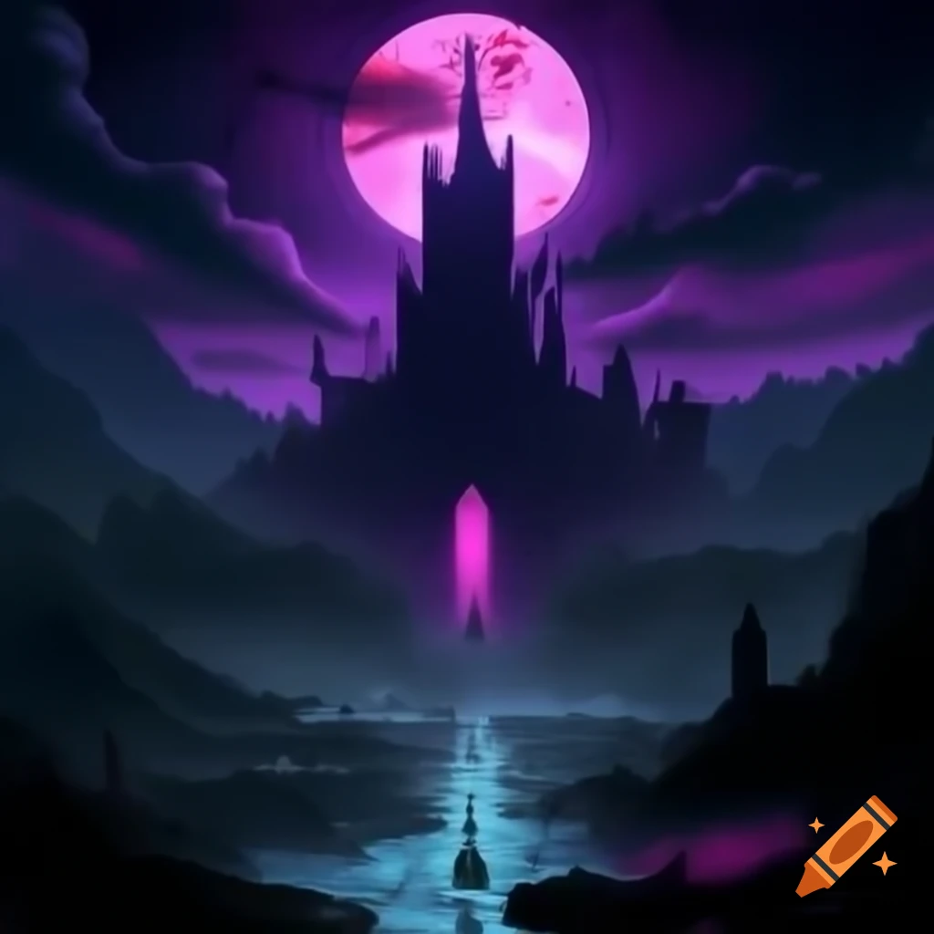 Gothic keep under blood-moon sky with purple and pink hues on Craiyon
